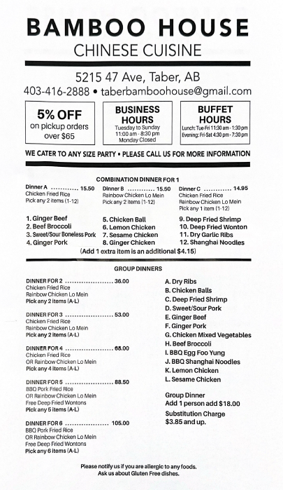 Bamboo House, Taber - Menu, Reviews (16), Photos (12) - Restaurantji