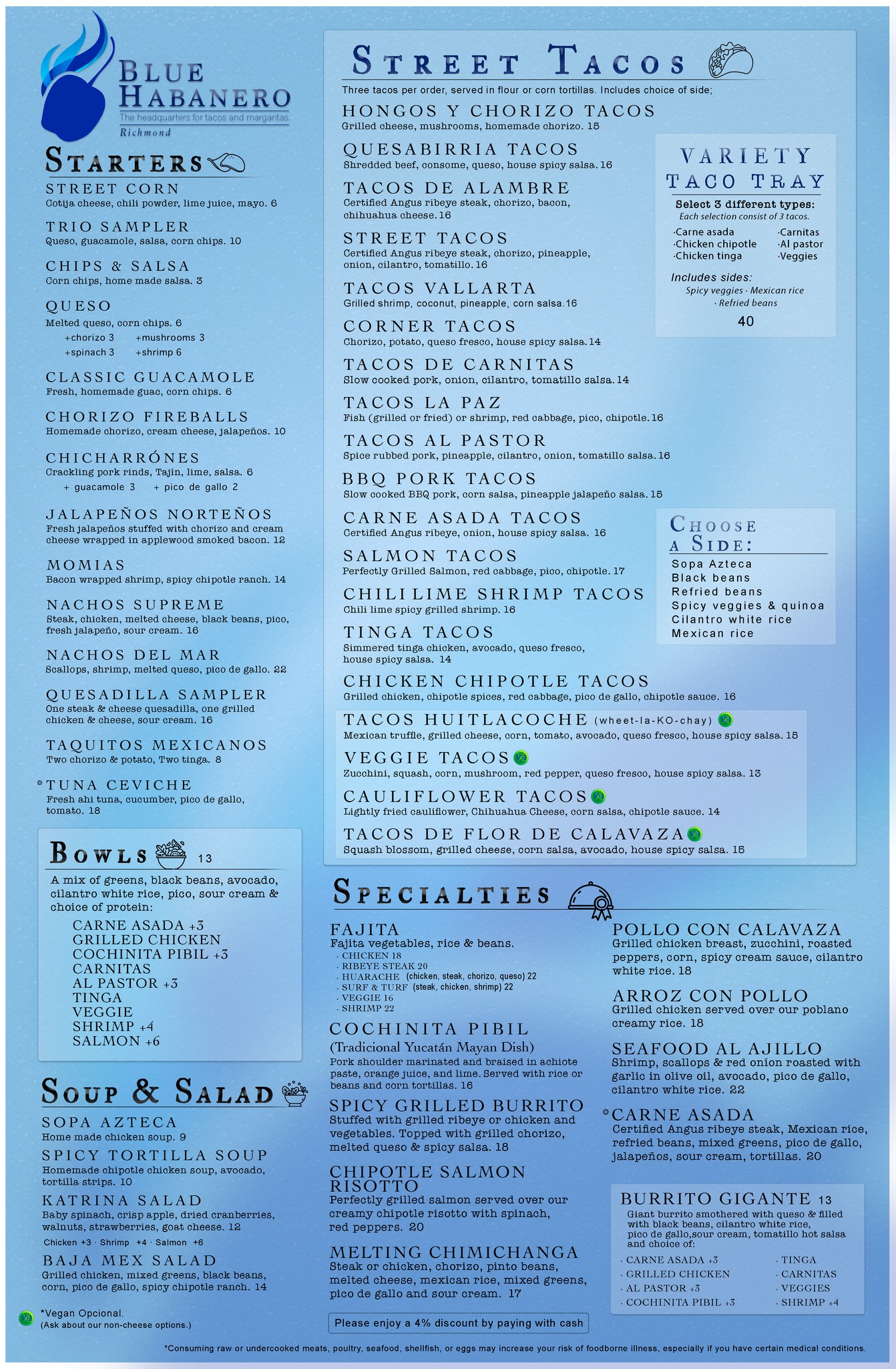 Menu for Blue Habanero - Street Tacos & Tequila, Richmond, VA ...