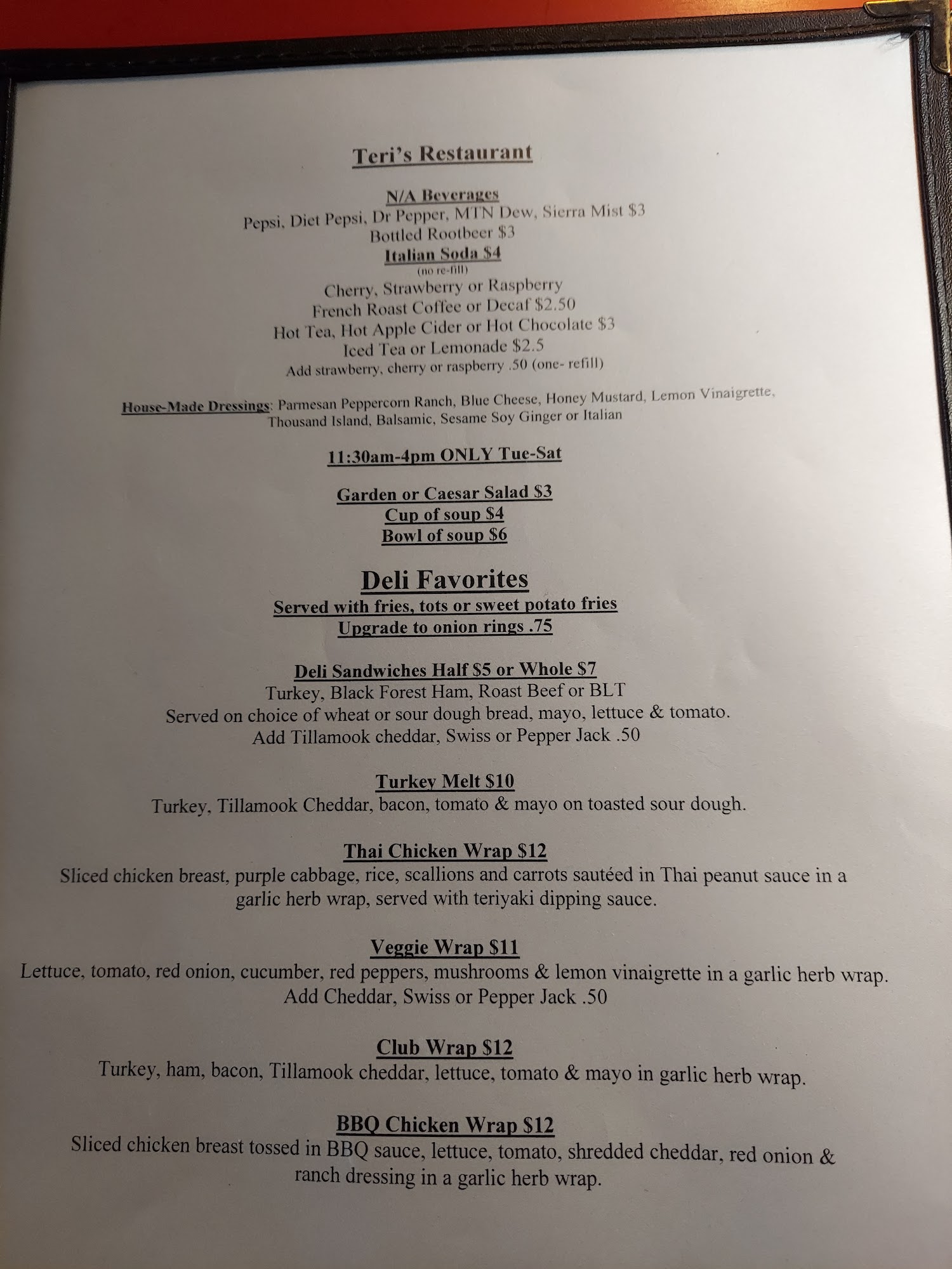 Menu for Teri's on Broadway ( WAS Teri's Restaurant ), Longview, WA ...